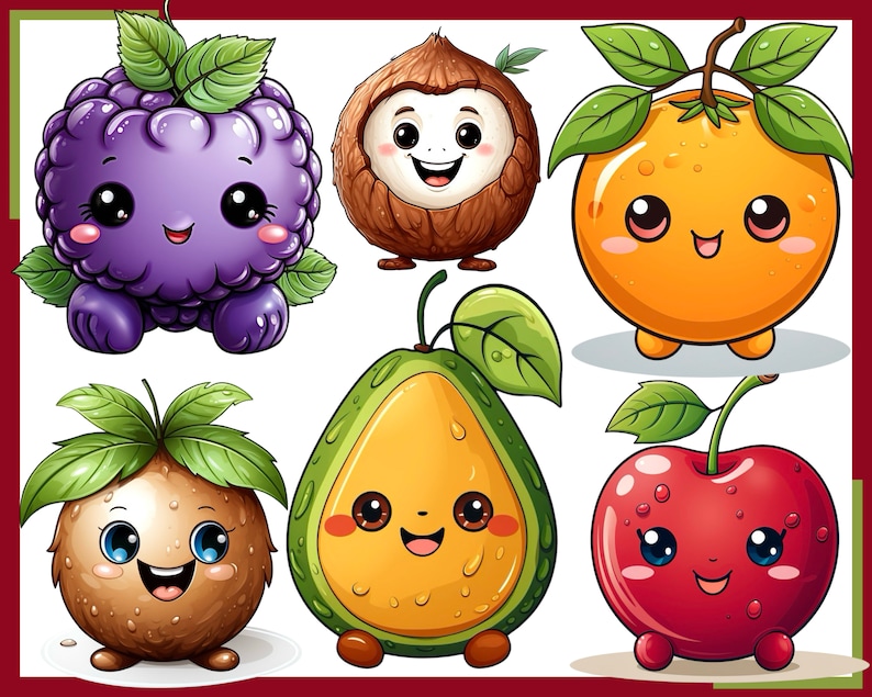 CUTE KAWAII FRUITS - 100 Clip Arts (300 Dpi, Fruit, Transparent ...