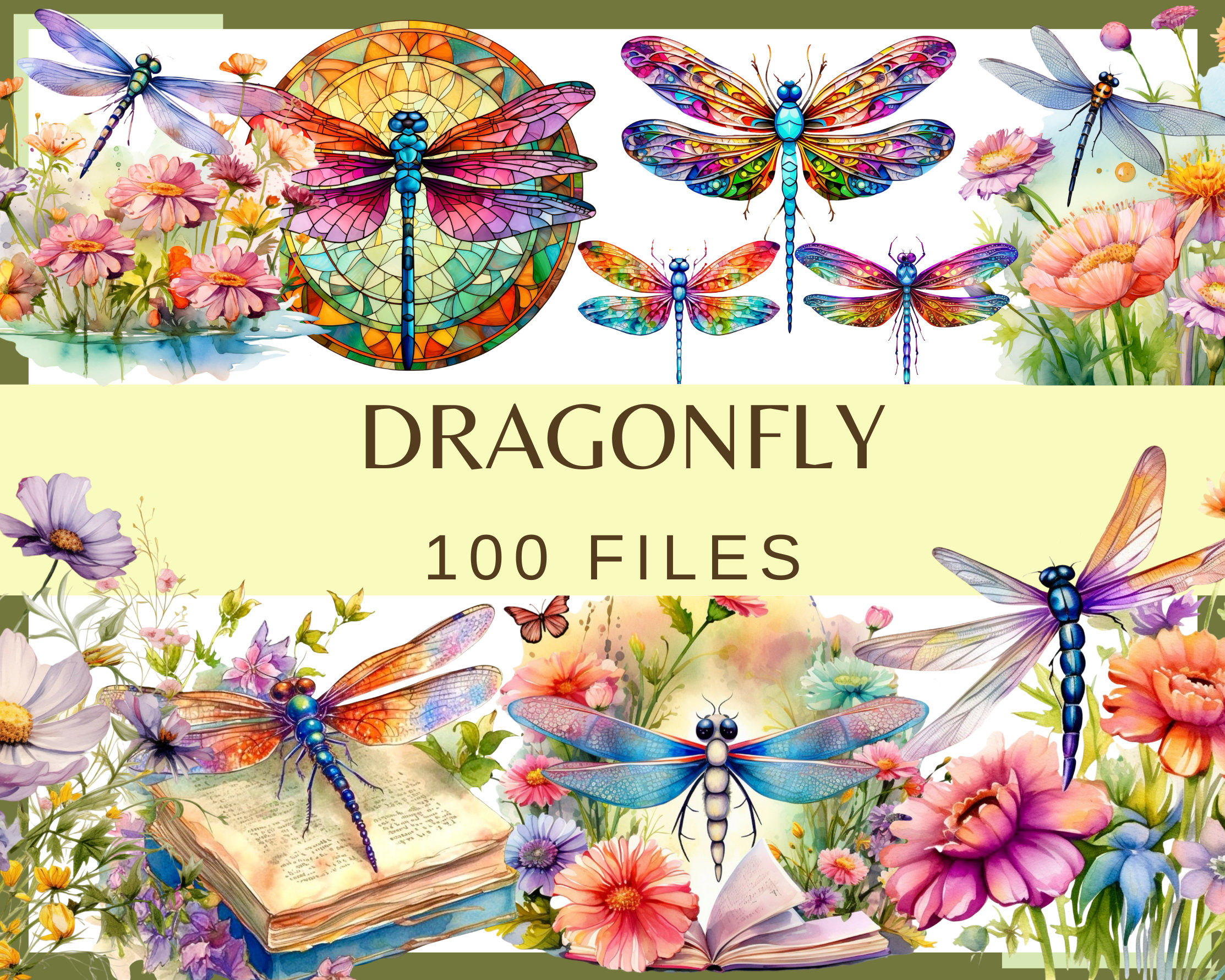 100 Dragonfly Clip Art: Stained Glass & Watercolor PNG (commercial Use ...