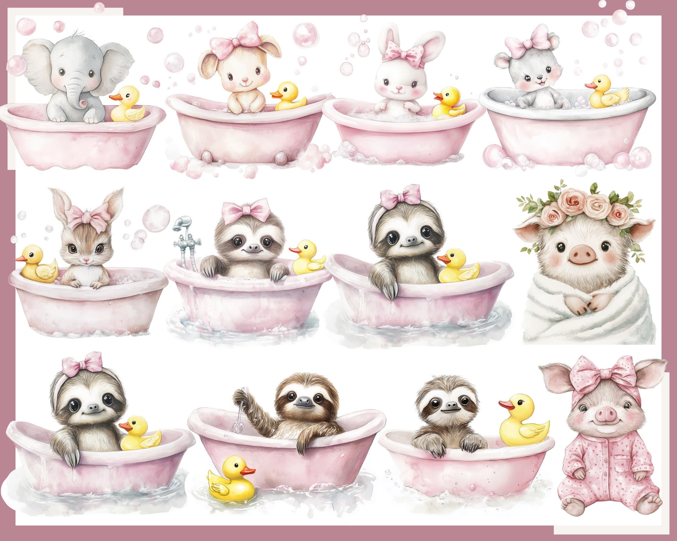 Girl's Baby Shower Clipart: Watercolor Animals (250 PNG) - Etsy