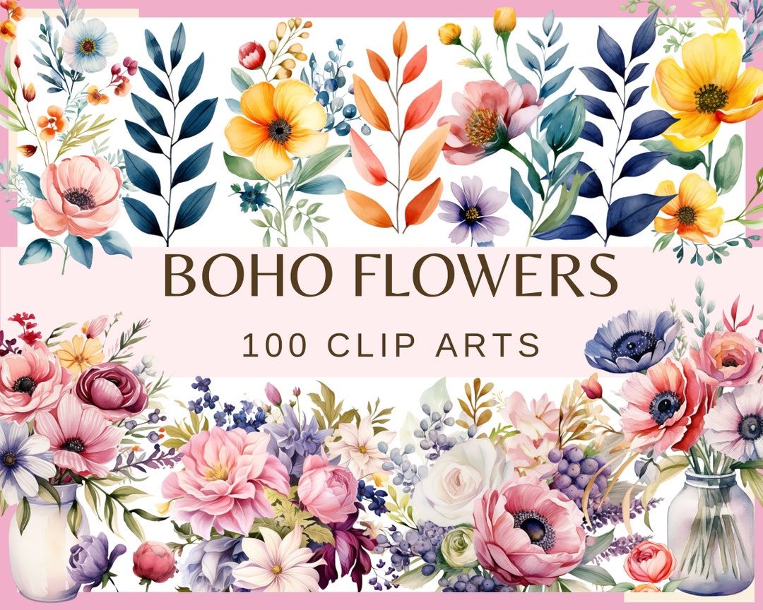Boho Flowers Clip Art: 100 PNG Floral Graphics (commercial Use) - Etsy