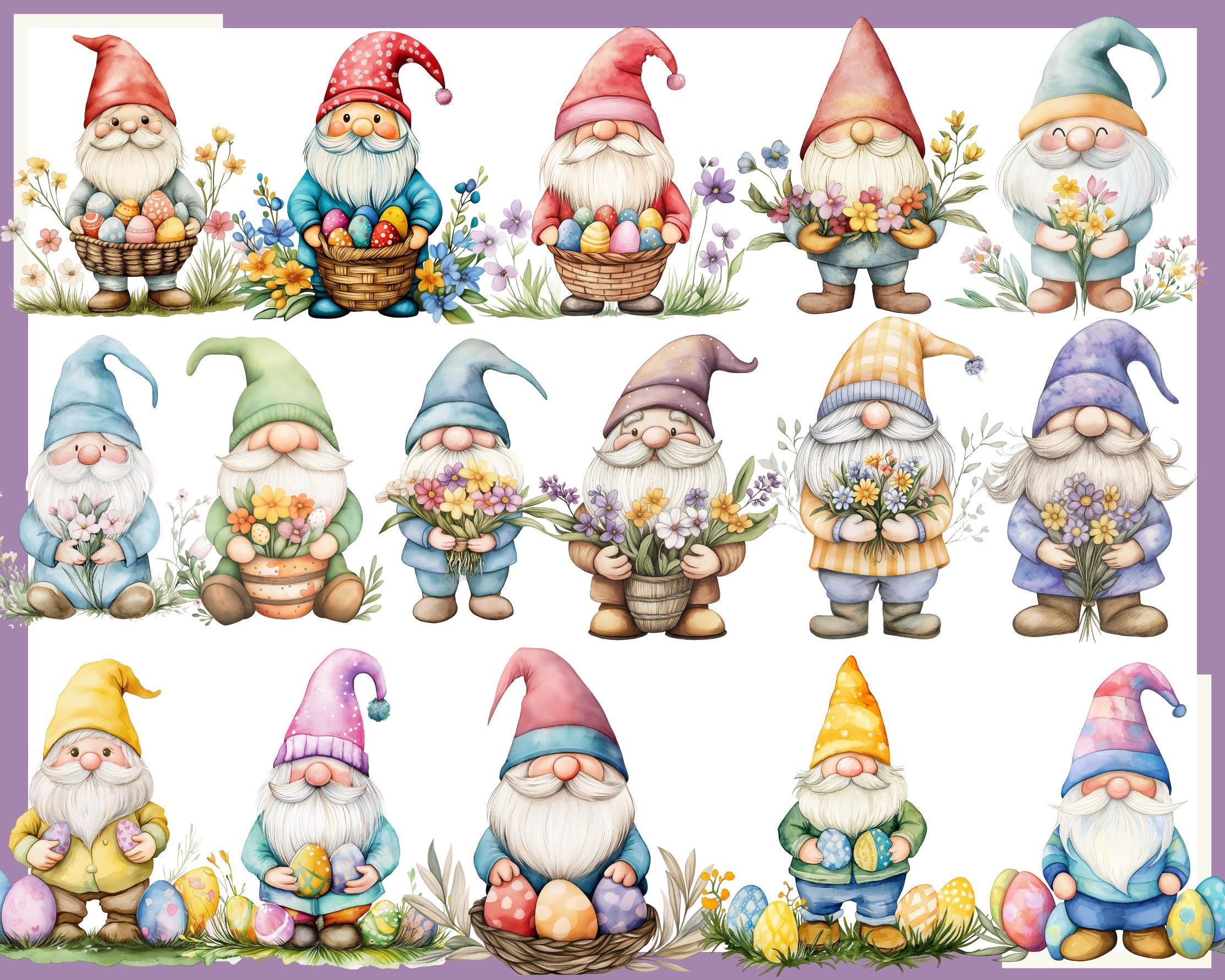 Easter Gnomes Watercolor Clipart: 110 PNG Illustrations (commercial Use ...