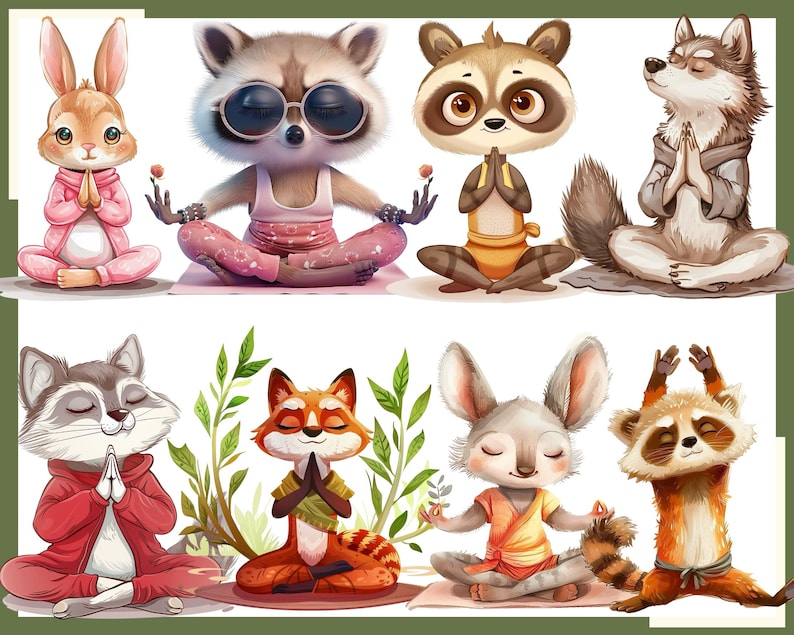 ANIMALS IN YOGA - 110 Clip Arts (300 Dpi, Cute Animals, Racoon, Fish ...