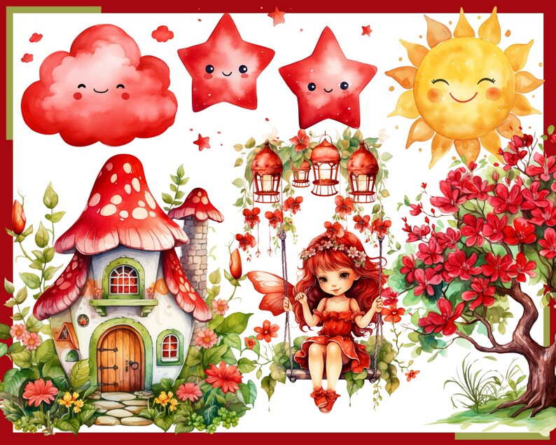 RED FAIRY GARDEN 100 Watercolor Clip Arts transparent Background, 300 ...
