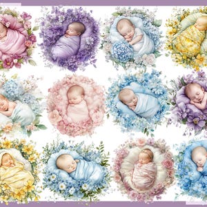 FLORAL NEWBORN BABY - 110 Watercolor Clip Arts (png, 300 Dpi ...