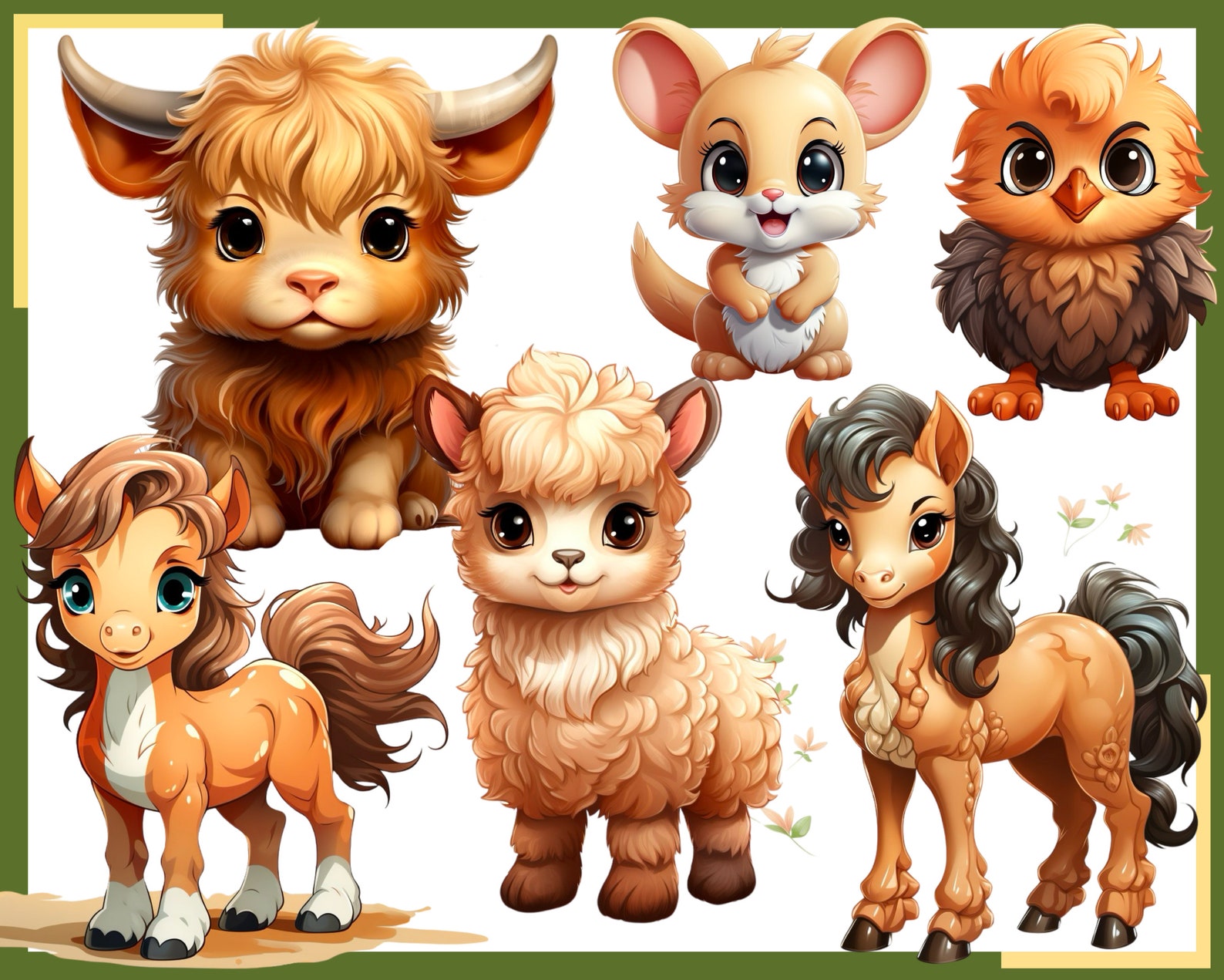 KAWAII FARM ANIMALS 80 Clip Arts 300 Dpi, Cute Animals, Baby Animals ...