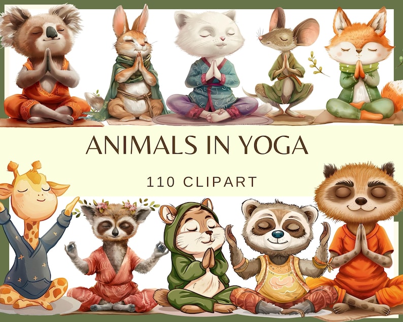 ANIMALS IN YOGA - 110 Clip Arts (300 Dpi, Cute Animals, Racoon, Fish ...