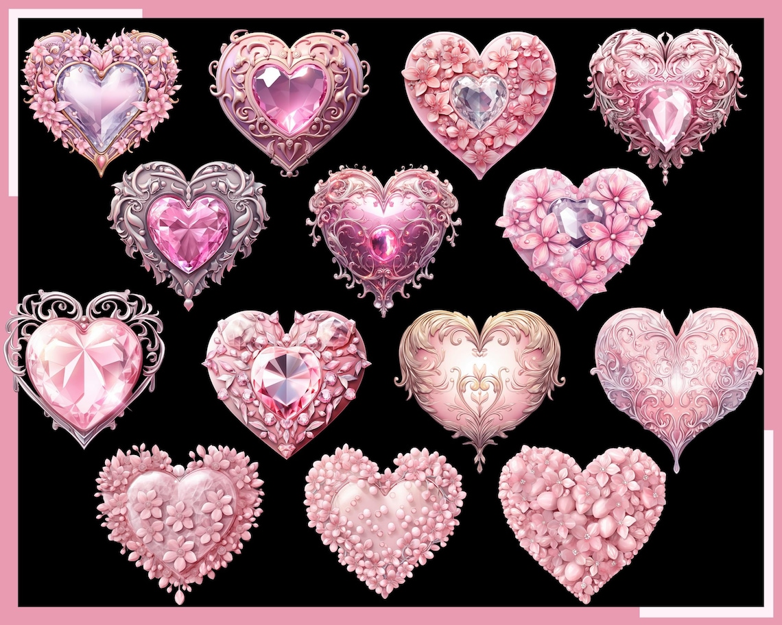 Pink Hearts Clip Art: 110 PNG, 300 DPI Valentine's Day Graphics, Love ...