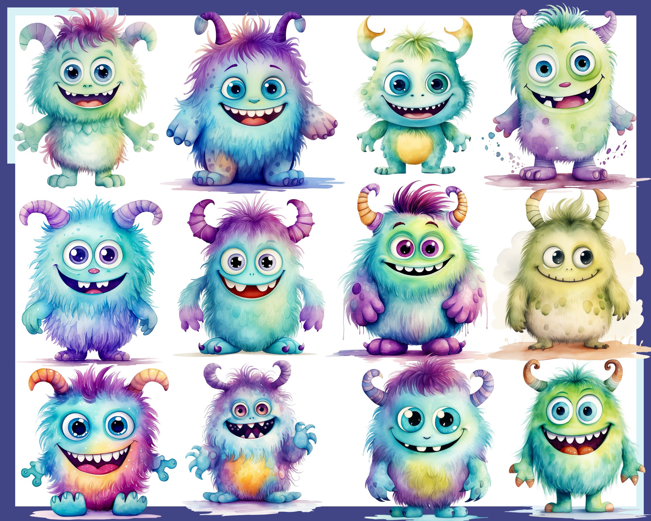 CUTE MONSTERS - 110 Watercolor Clip Arts ( 300 Dpi, Fantasy Monsters ...