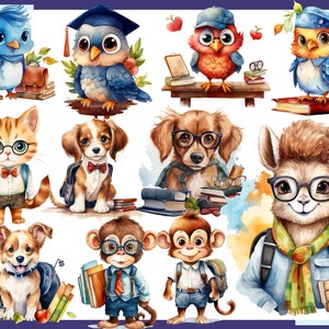 ANIMALS AT SCHOOL - 100 Watercolor Clip Arts (png, 300 Dpi, Notebook ...