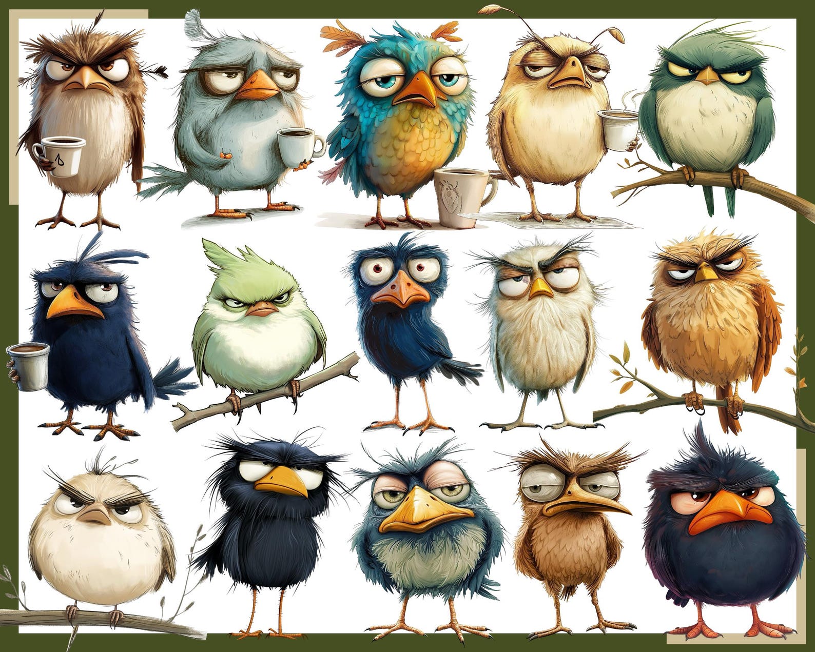 Grumpy Birds Clipart: Funny Tired Bird PNG Images (110 Files) (digital ...
