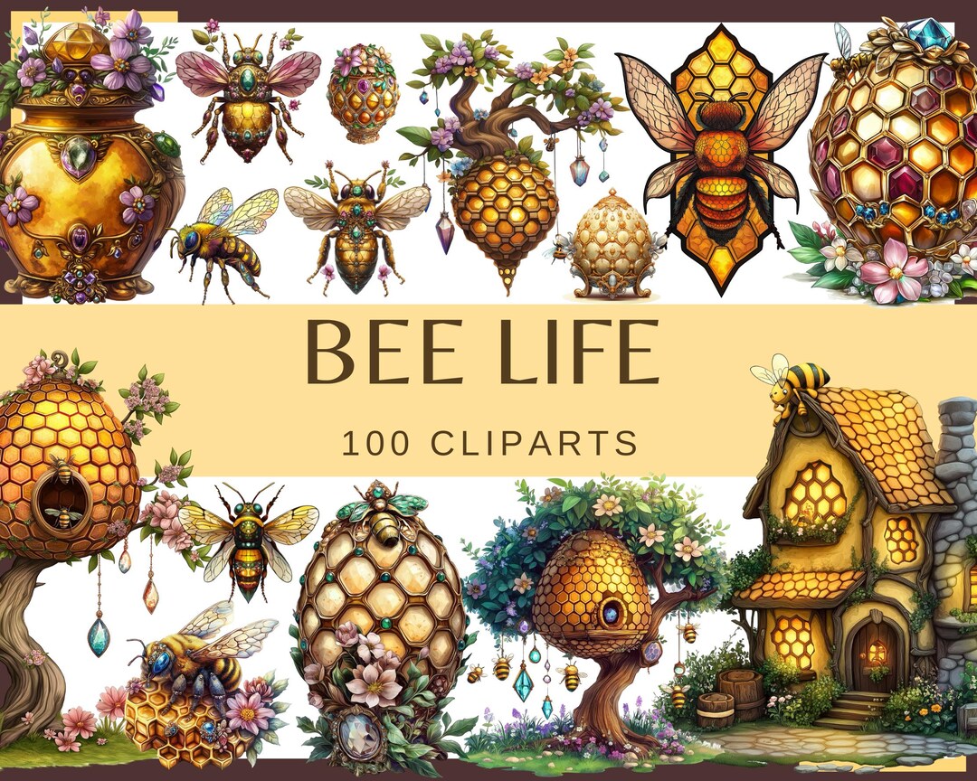 Bee Clipart Bundle: 100 Honeycomb & Floral PNG Graphics (digital ...