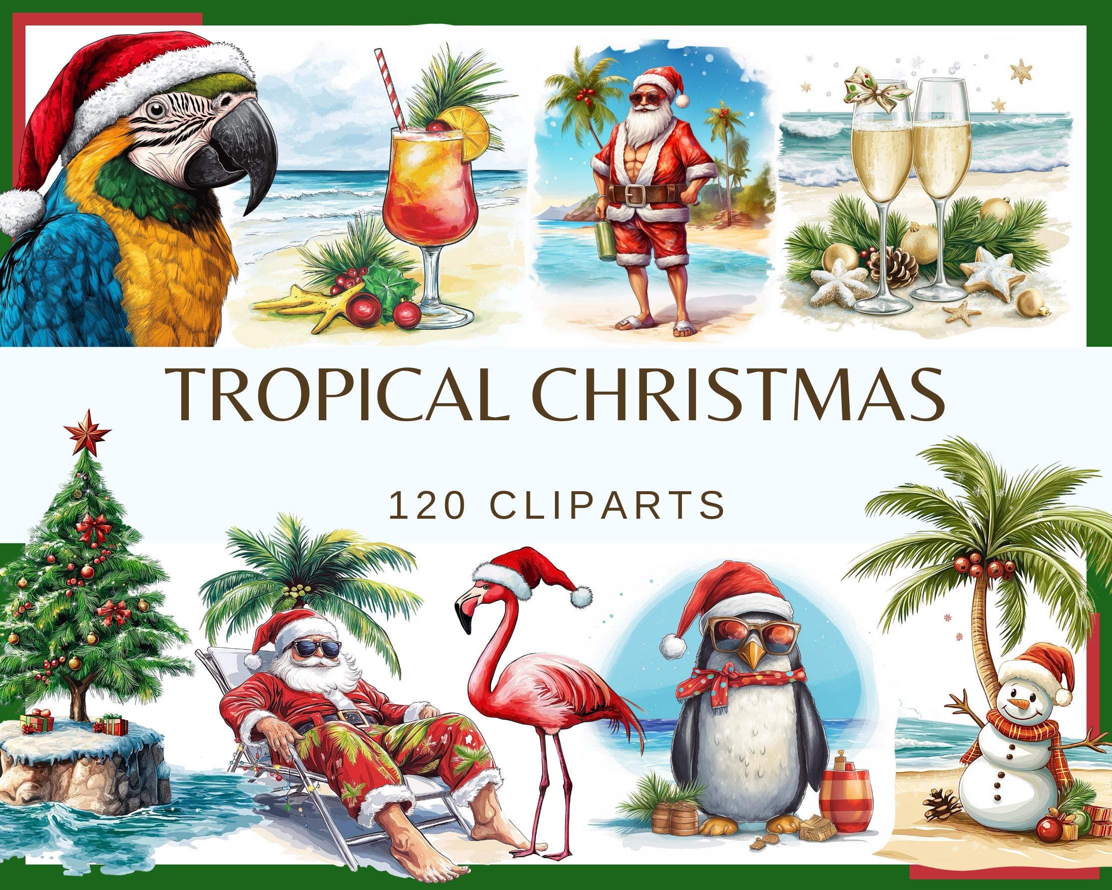 Tropical Christmas Clipart: Island Holiday PNG Graphics (120 Pc ...