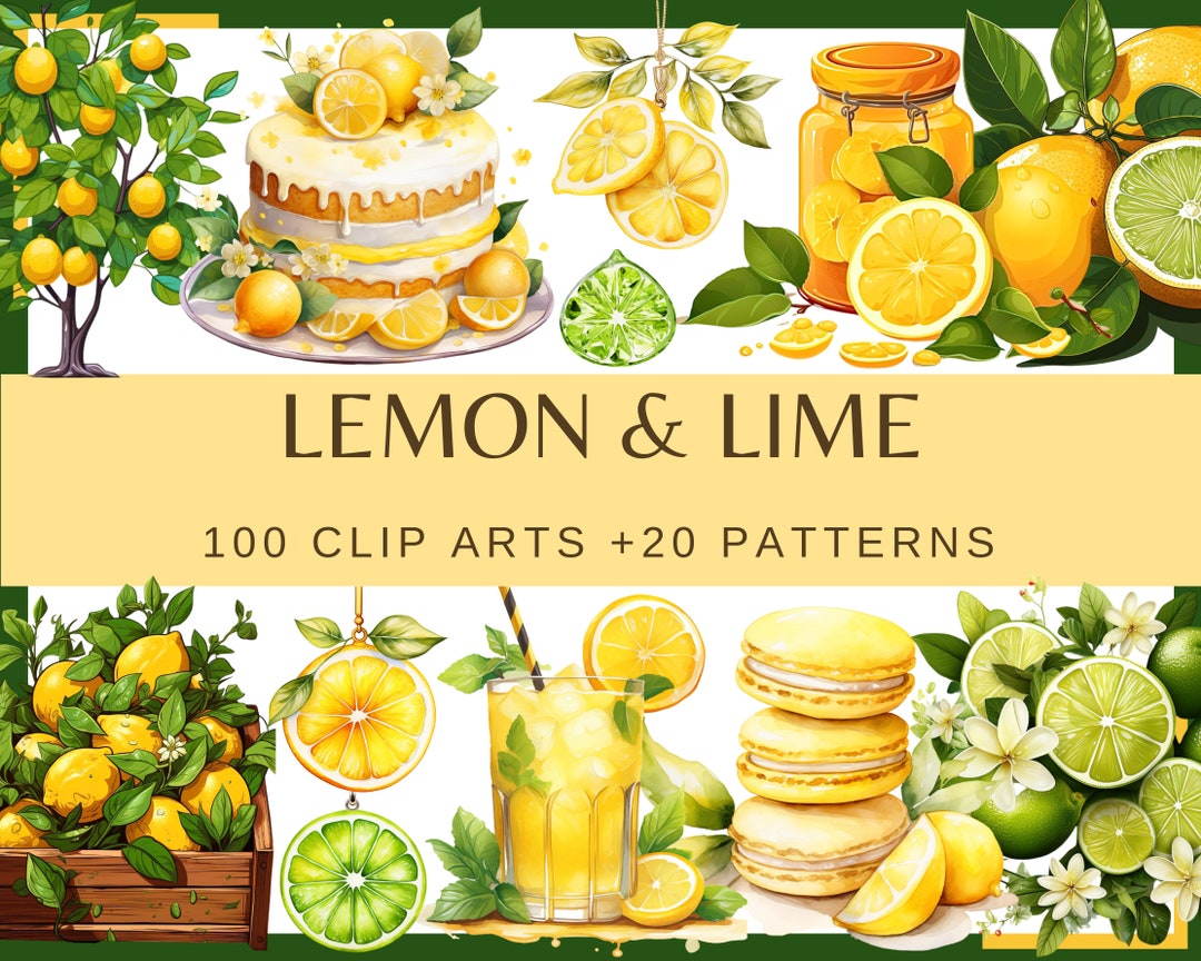 LEMON & LIME COLLECTION - 100 Clip Arts and 20 Patterns (300 Dpi, Fruit ...