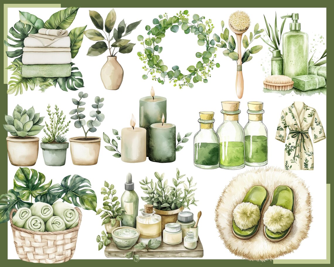 Green Plant Spa Clipart: Botanical Wellness Graphics (PNG, 300 DPI ...