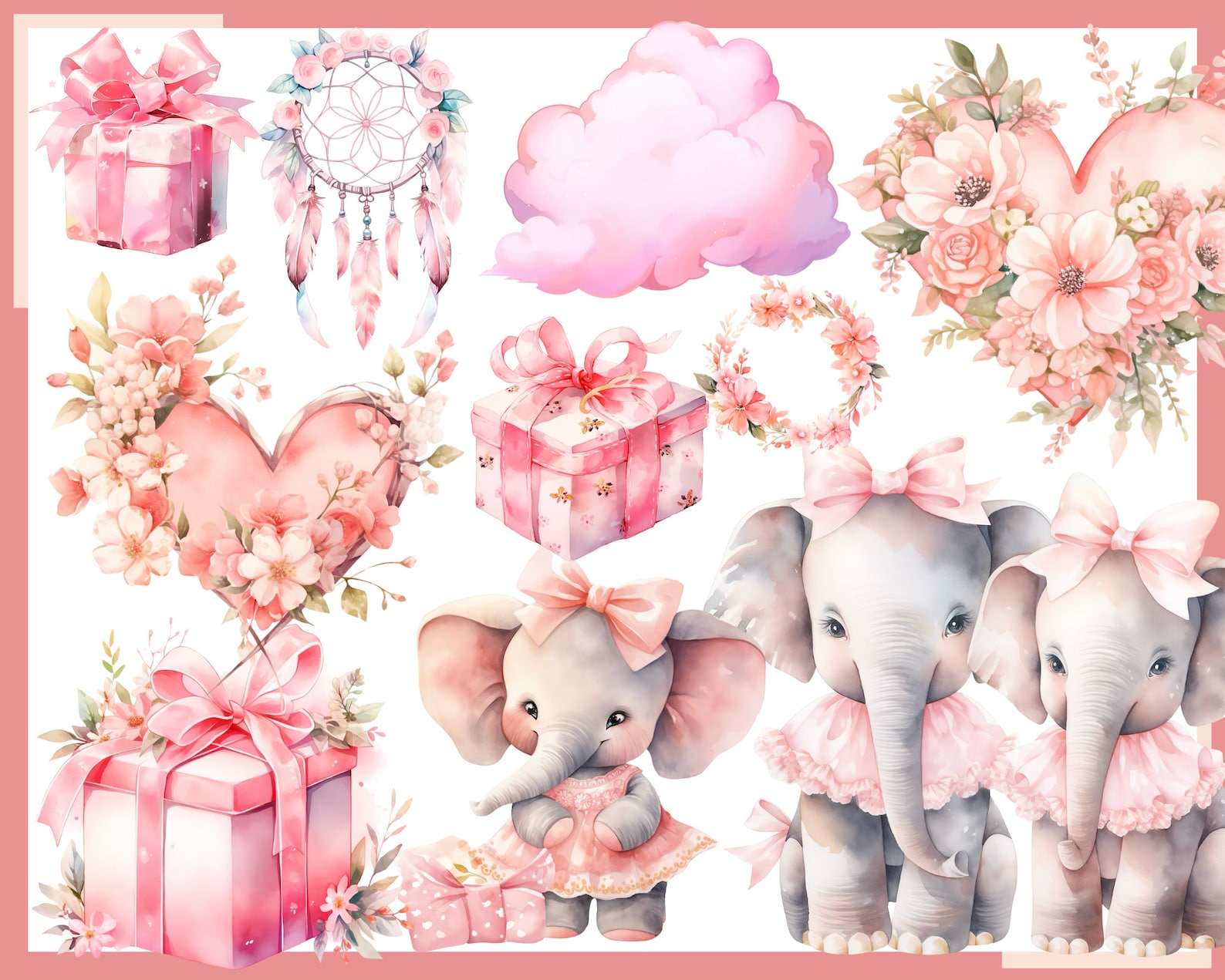 Pink Baby Elephant Watercolor Clipart: 100 PNG Graphics (commercial Use ...