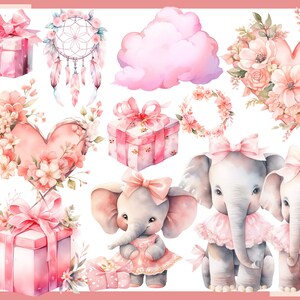 Pink Baby Elephant Watercolor Clipart: 100 PNG Graphics (commercial Use ...
