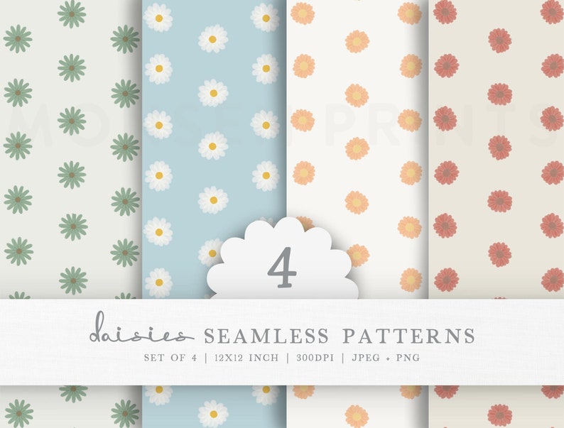 Daisy Seamless Patterns, Set of 4 Repeating Designs, Daisy Digital ...