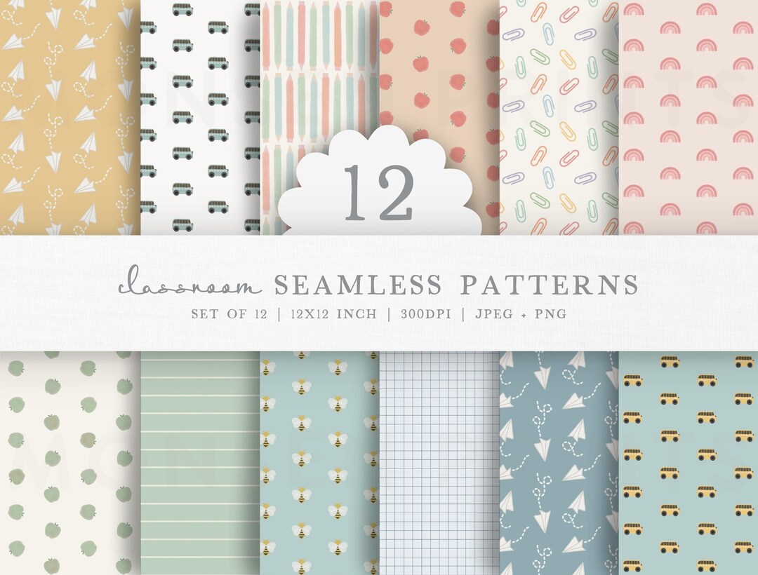 Back to School Seamless Patterns, Set of 12 Classroom Repeating Designs ...