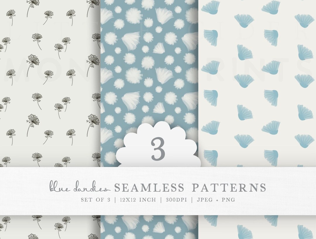 Blue Dandelions Seamless Patterns, Set of 3 Floral Repeating Designs ...