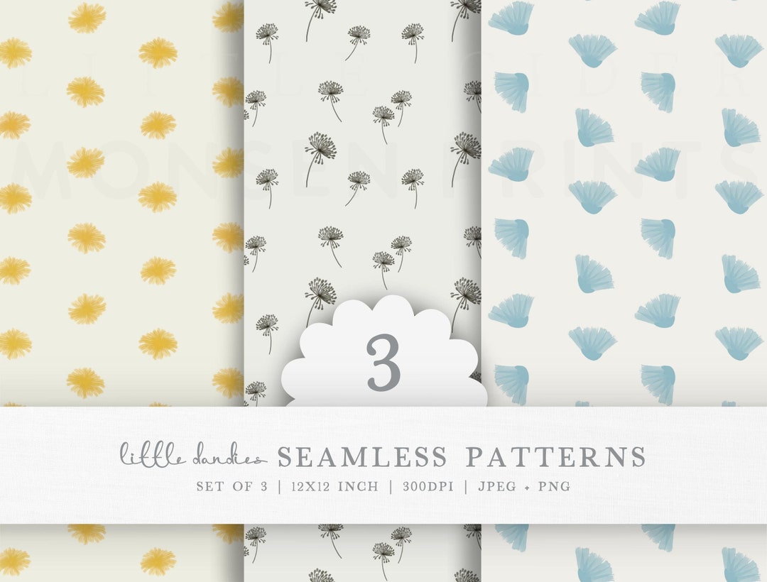 Little Dandelions Seamless Patterns, Set of 3 Floral Repeating Designs ...