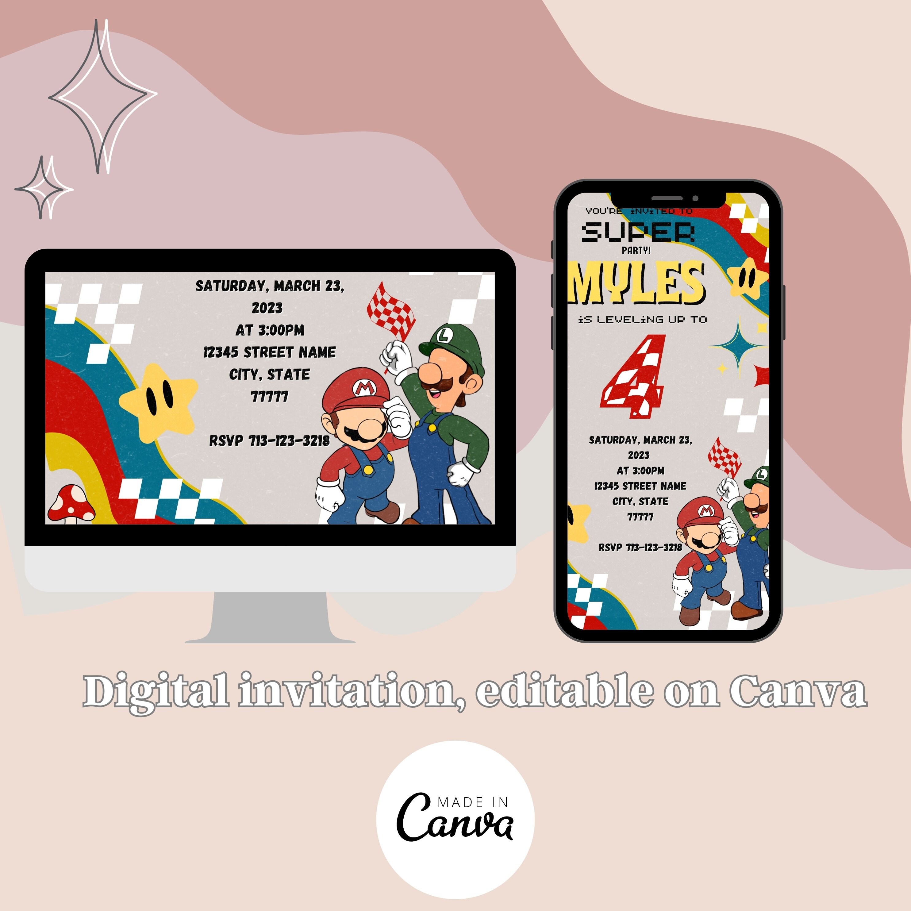 Retro/boho Mario Super Race Invitation Template/birthday/ Super Bros ...