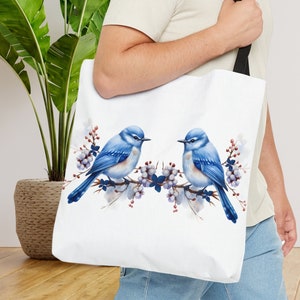 Winter Blue Birds Tote Bag, Wildlife Nature Lover Botanical Floral ...