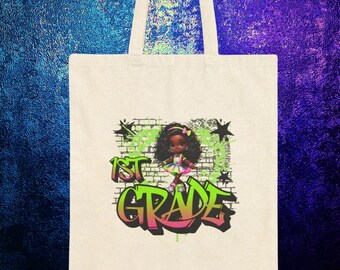 1st Grade Black Girl Cotton Canvas Tote Bag, First Grade Neon Graffiti ...