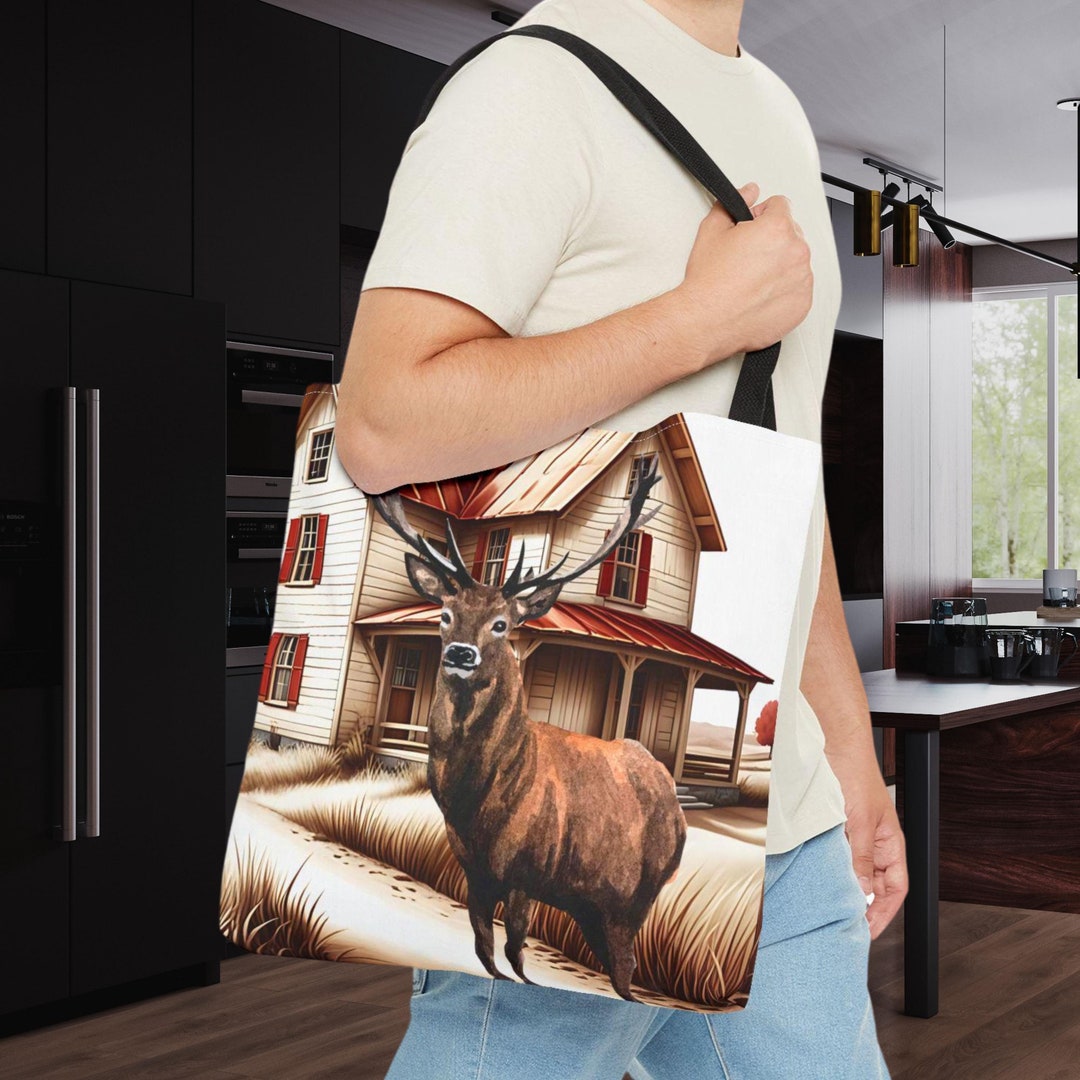 Buck Tote Bag, Rustic Old-fashioned Deer Vintage Homestead Inspired ...