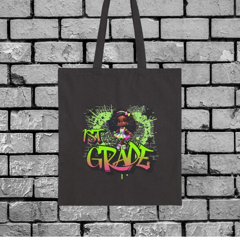 1st Grade Black Girl Cotton Canvas Tote Bag, First Grade Neon Graffiti ...