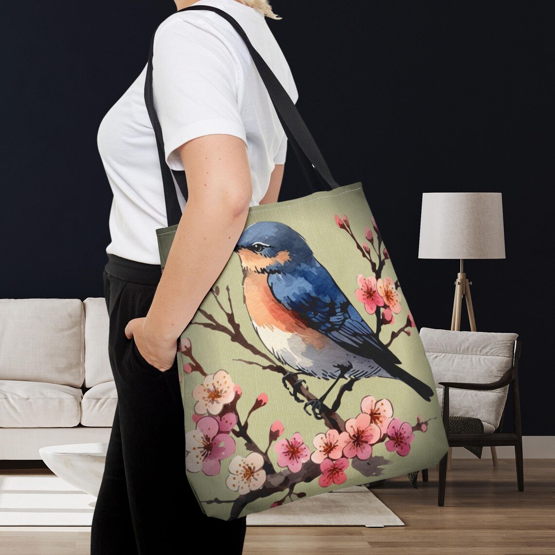 Robin Bird Cherry Blossom Tree Tote Bag, Birdwatching Carryall Travel ...