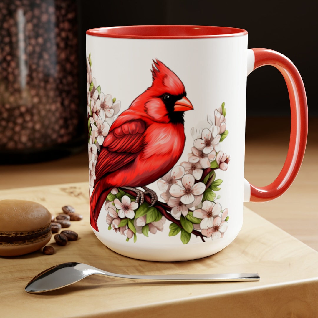 Cardinal Bird Mug Large Floral Flower Coffee Cup Botanical Cherry ...