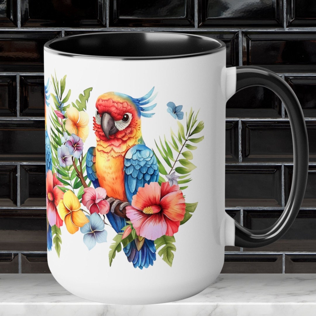 Parrot Bird Mug, Tropical Flower Garden Drinkware, Floral Botanical ...