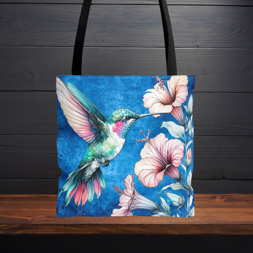 Hummingbird Tote Bag With Colorful Floral Hibiscus Art – Vibrant Nature ...