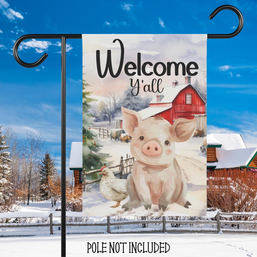 Welcome Y'all Winter Pig Farm Lawn Flag, Cute Piglet Outdoor Yard ...