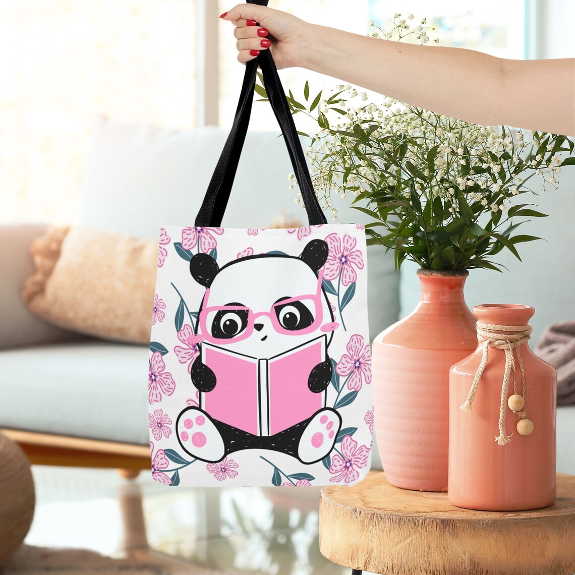 Panda Bear Reading Book Coquette Tote Bag, Cute Animal Floral Botanical ...