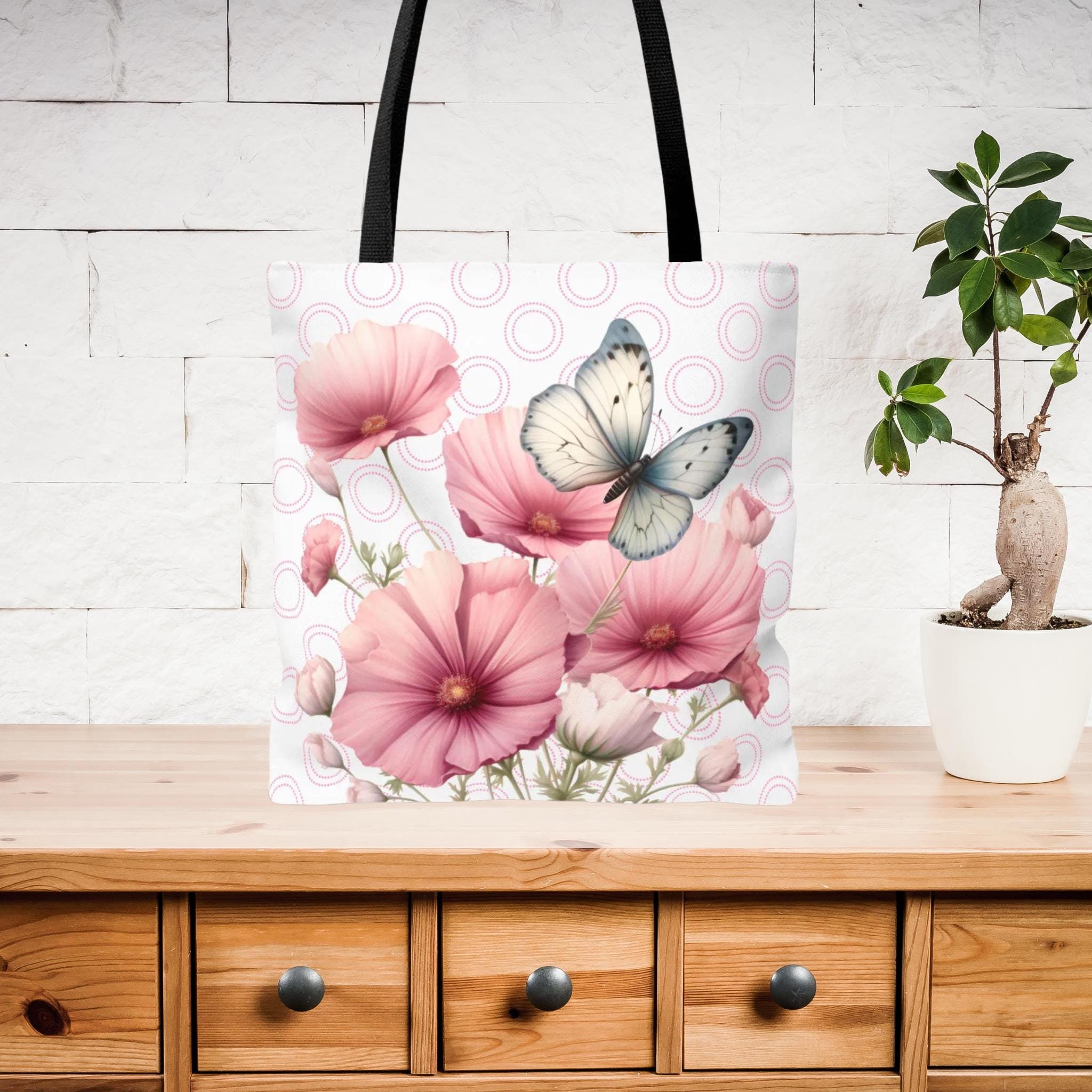 Butterfly Pink Flower Tote Bag, Floral Wildflower Cottagecore Travel ...