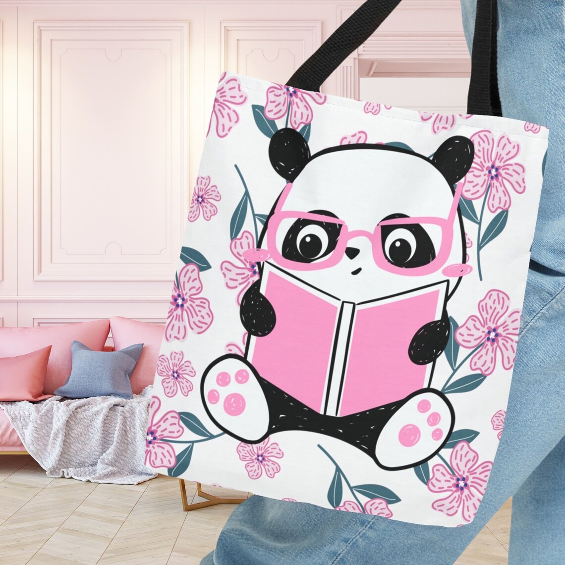 Panda Bear Reading Book Coquette Tote Bag, Cute Animal Floral Botanical ...
