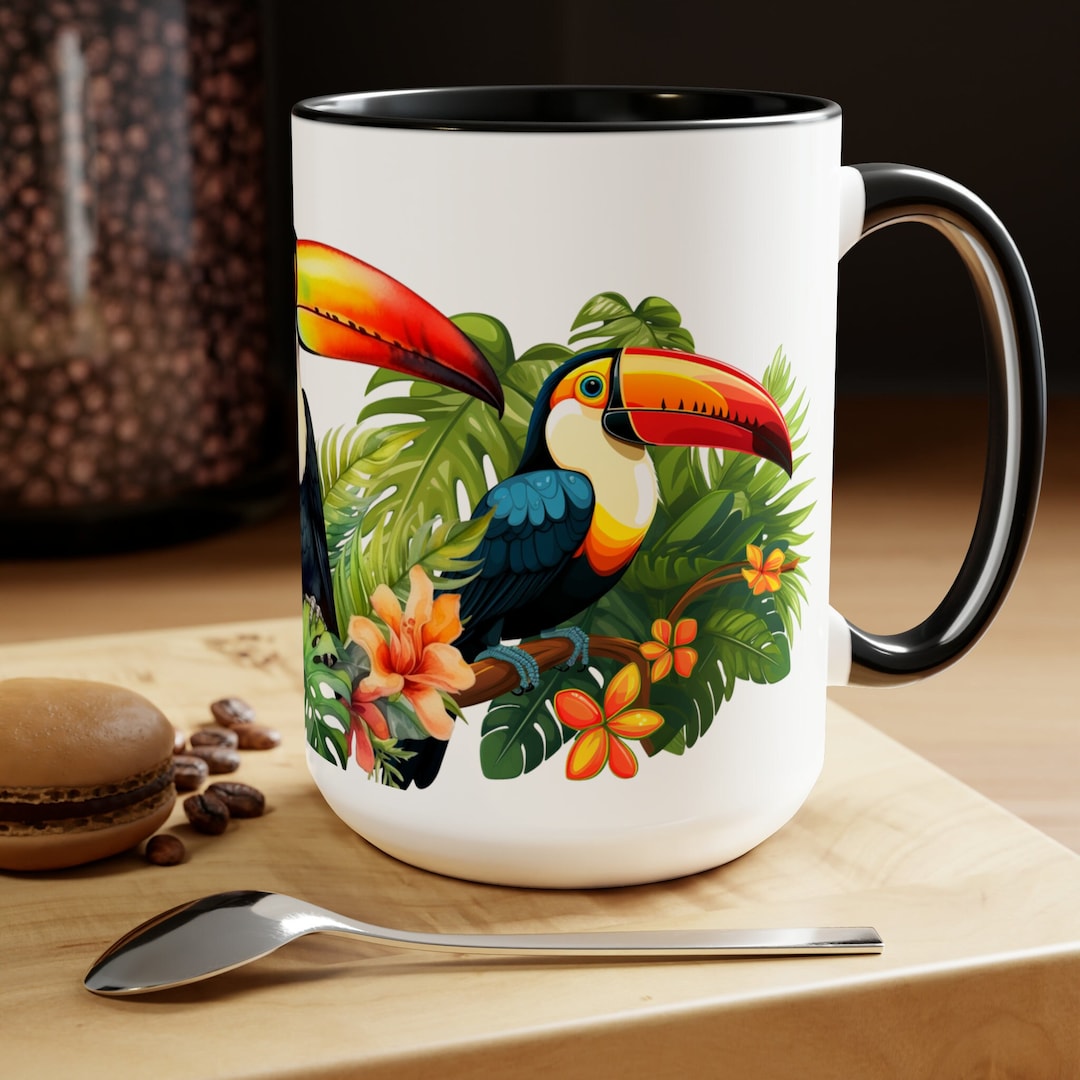 Toucan Bird Mug, Large Tropical Flower Botanical Coffee Cup Dinnerware ...