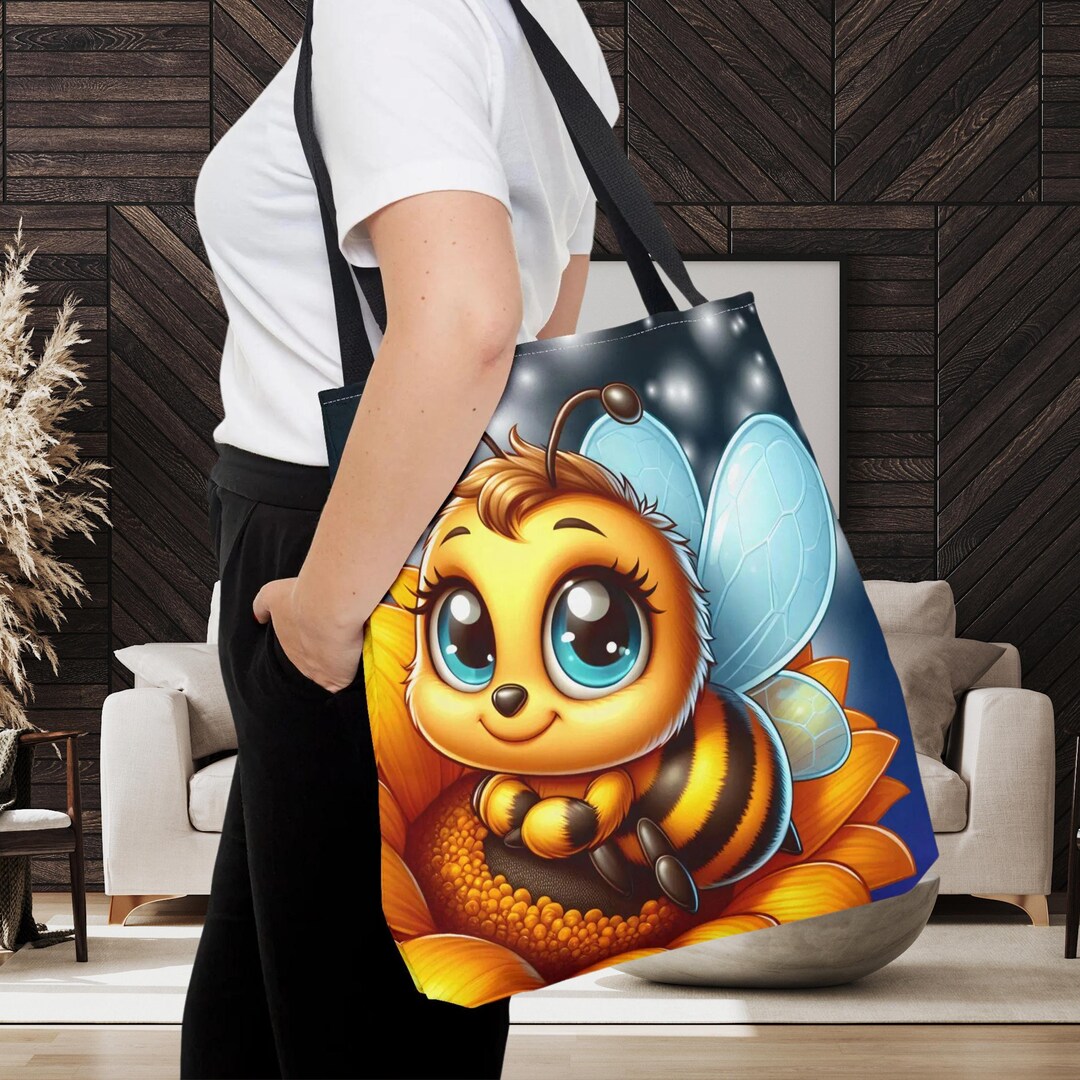 Baby Bee Flower Tote Bag, Cute Gardener Honeybee Floral Reusable ...