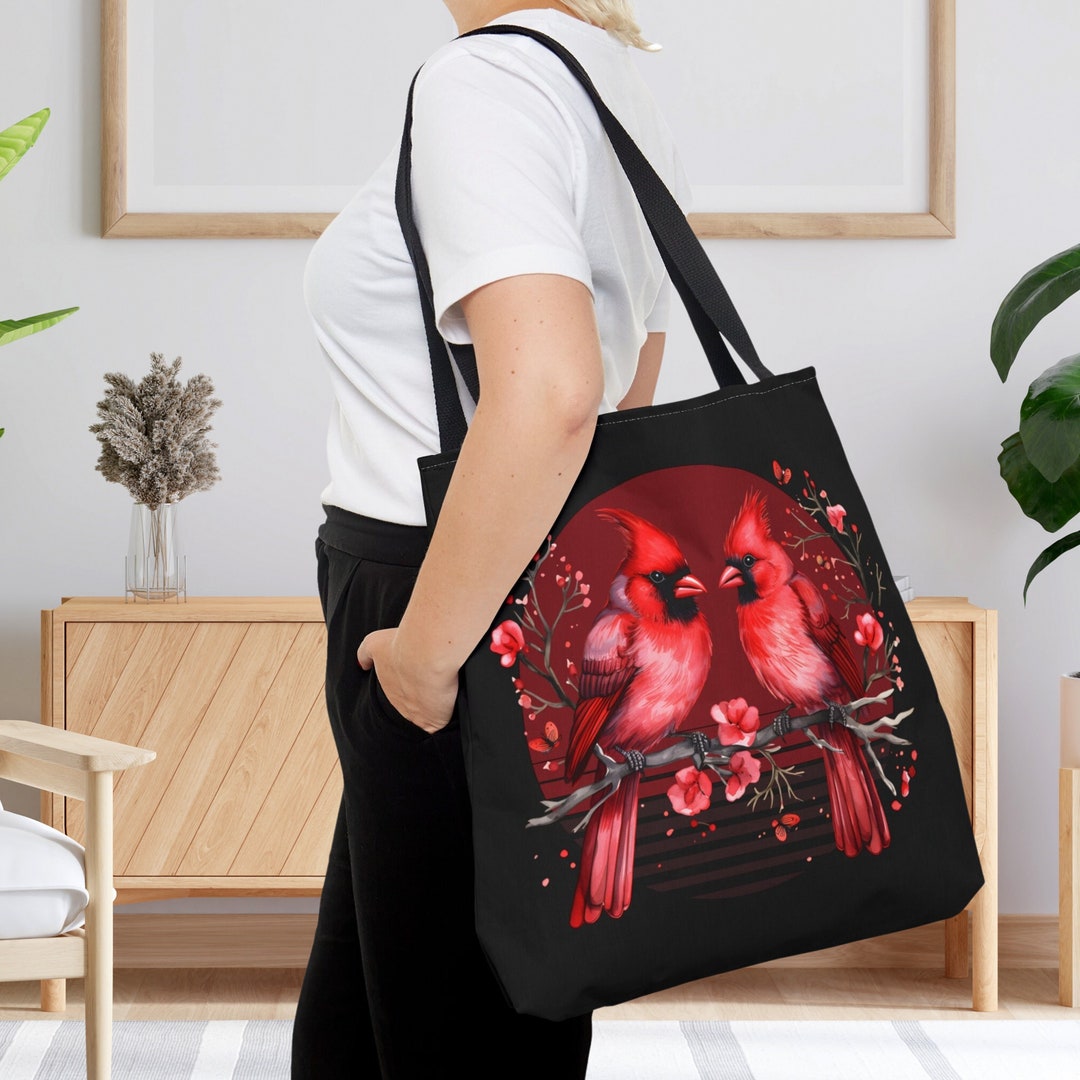 Cardinal Bird Tote Bag, Large Red Bird Floral Gift Bag, Birdwatcher ...