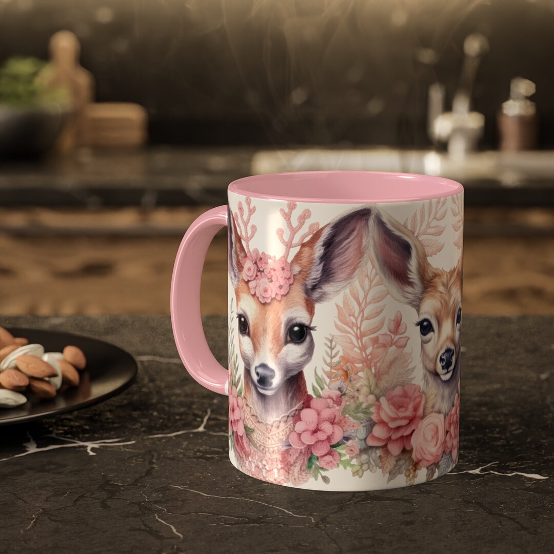 Pink Deer Wildlife Coffee Mug, Cute Doe and Buck Hot Chocolate Cup ...