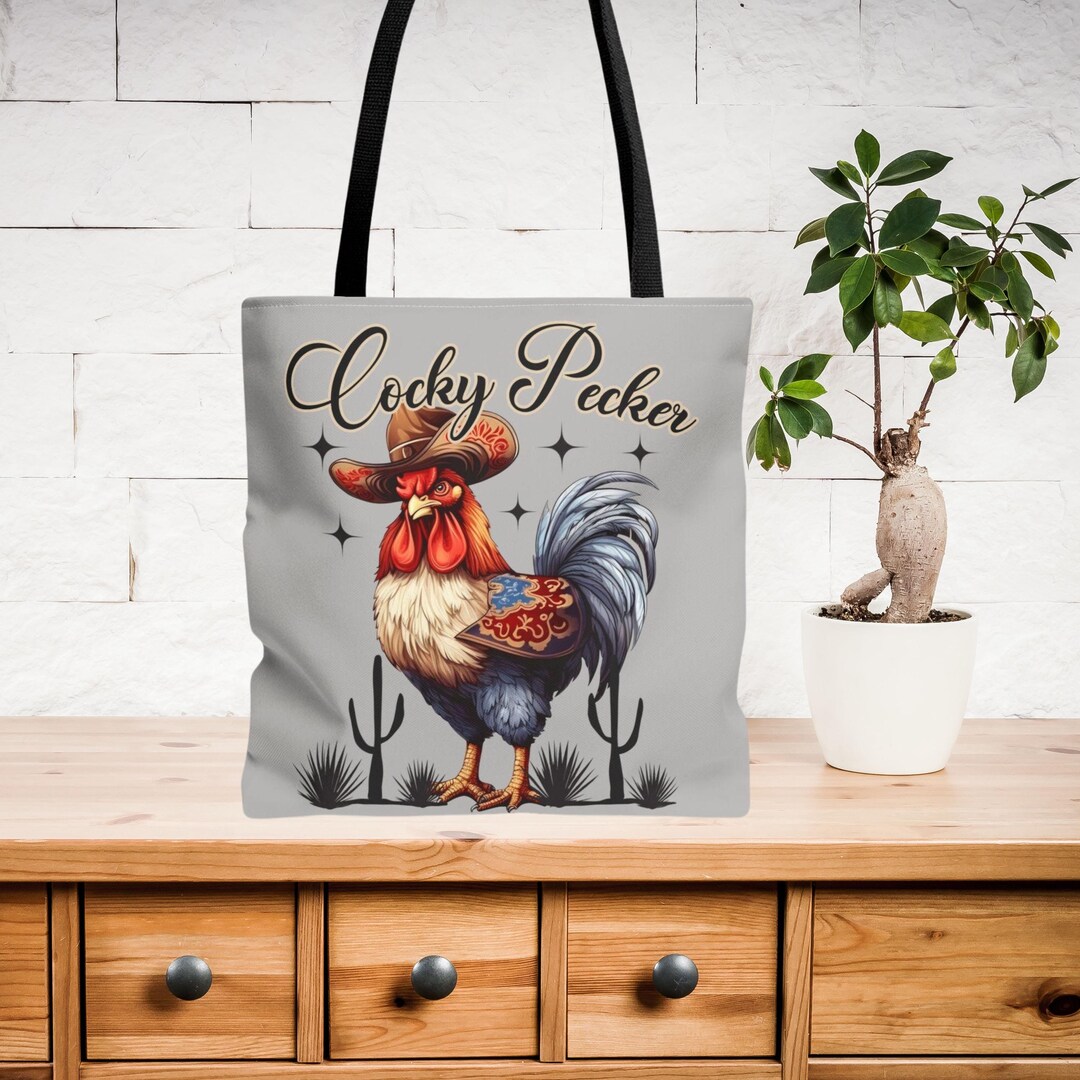 Funny Rooster Cowboy Tote Bag, Farm Bird Humor Cocky Pecker Pun Country ...
