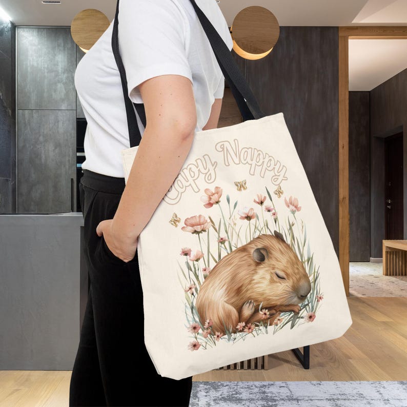 Capybara Tote Bag, Capynappy Funny Wildflower Garden Animal Nature ...