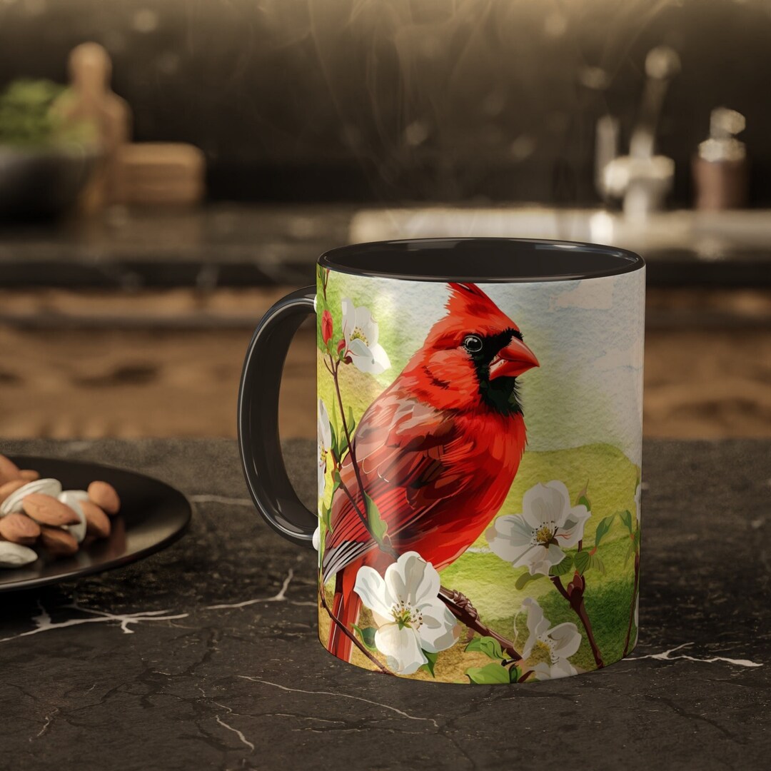 Cardinal Bird Mug, Red Bird Coffee Cup, Spring Floral Flower Botanical ...