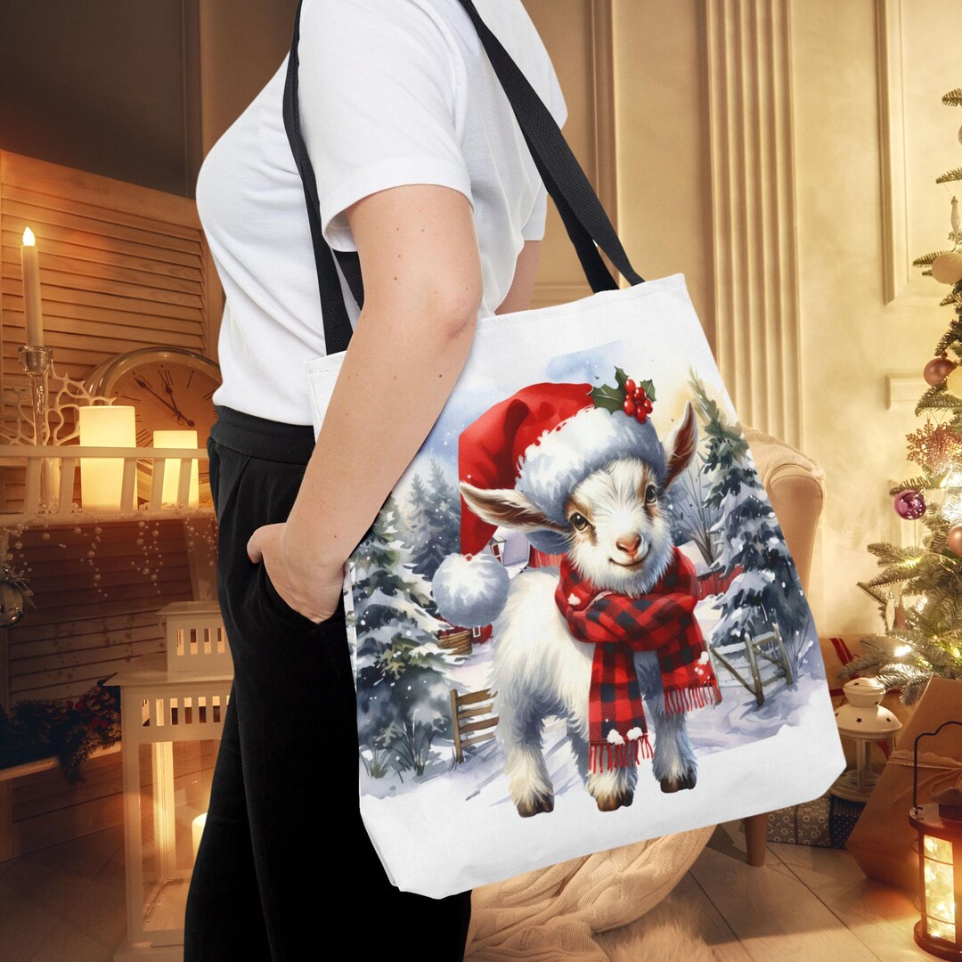 Santa Goat Anime Tote Bag, Winter Forest Christmas Farm Animal Sack ...