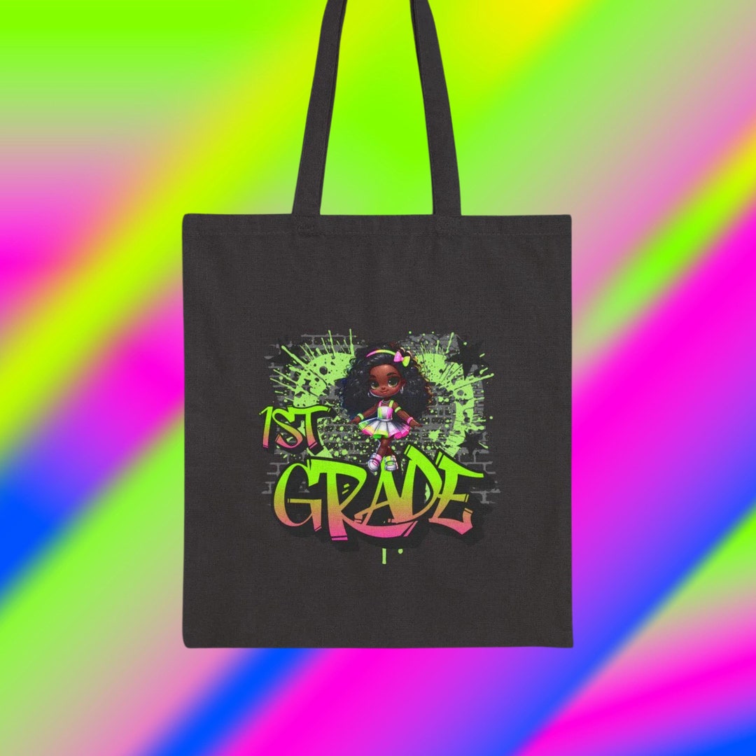 1st Grade Black Girl Cotton Canvas Tote Bag, First Grade Neon Graffiti ...