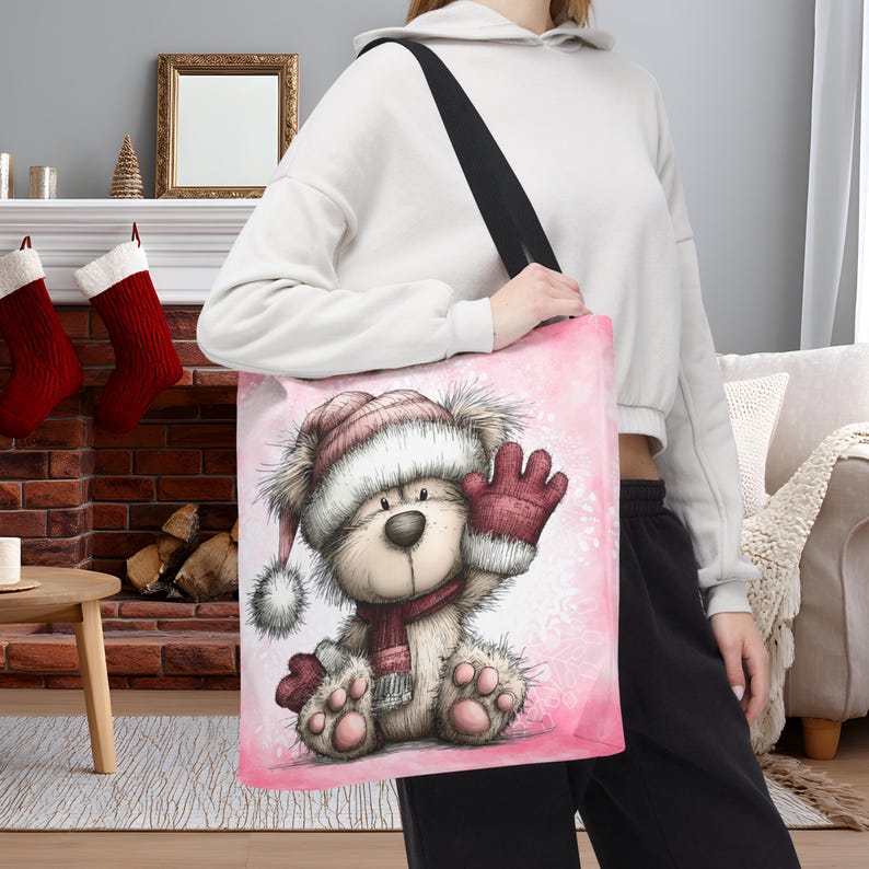Christmas Teddy Bear Tote Bag Collection, Pink Winter Bear Gift Bag ...
