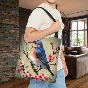 Robin Bird Cherry Blossom Tree Tote Bag, Birdwatching Carryall Travel ...