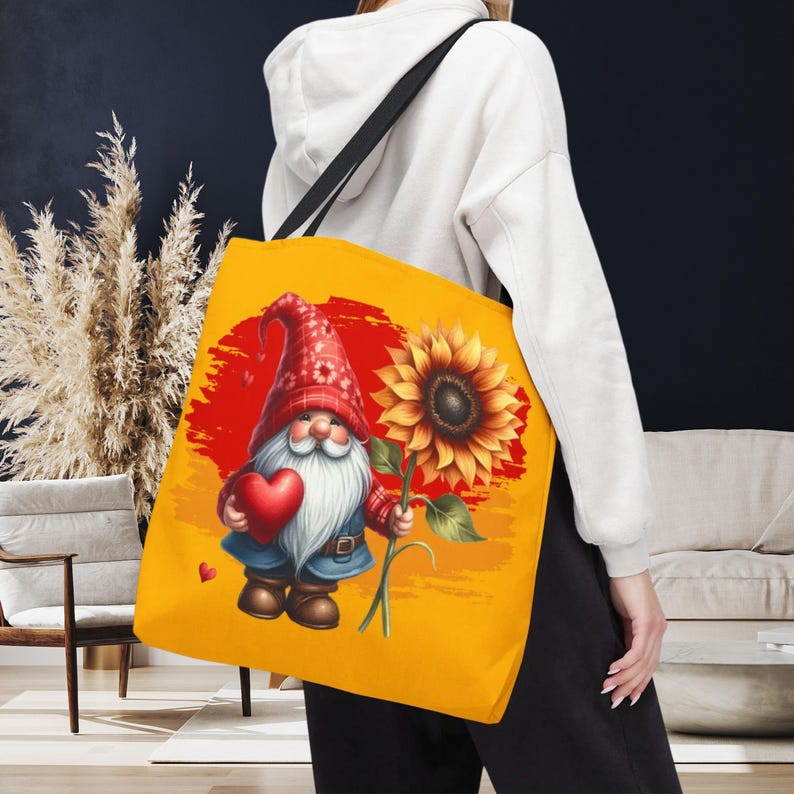 Gnome Sunflower Sweetheart Tote Bag, Cute Garden Gnome Valentine Bag ...