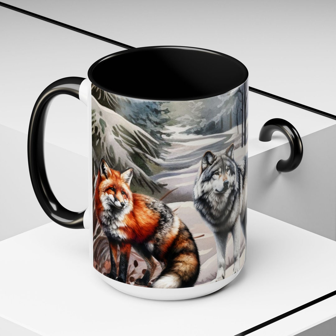 Grey Fox Red Wolf Mug, Winter Wildlife Nature Lover Forest Animal Snowy ...